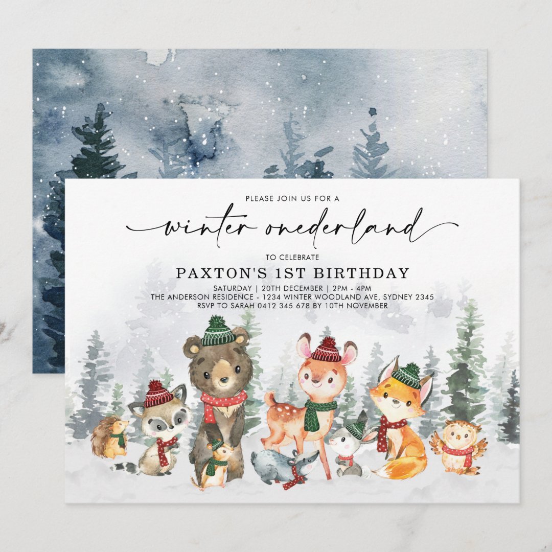 Snowy Winter Onederland Woodland Animals Birthday Invitation | Zazzle
