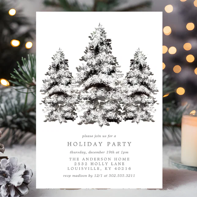 Snowy Winter Pines Holiday Party Invitation | Zazzle