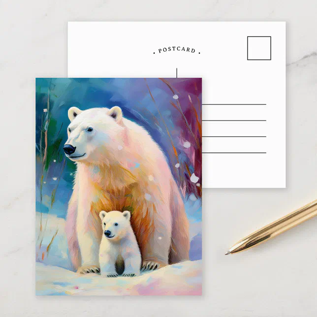 Snowy Winter Polar Bears Modern Art Postcard | Zazzle