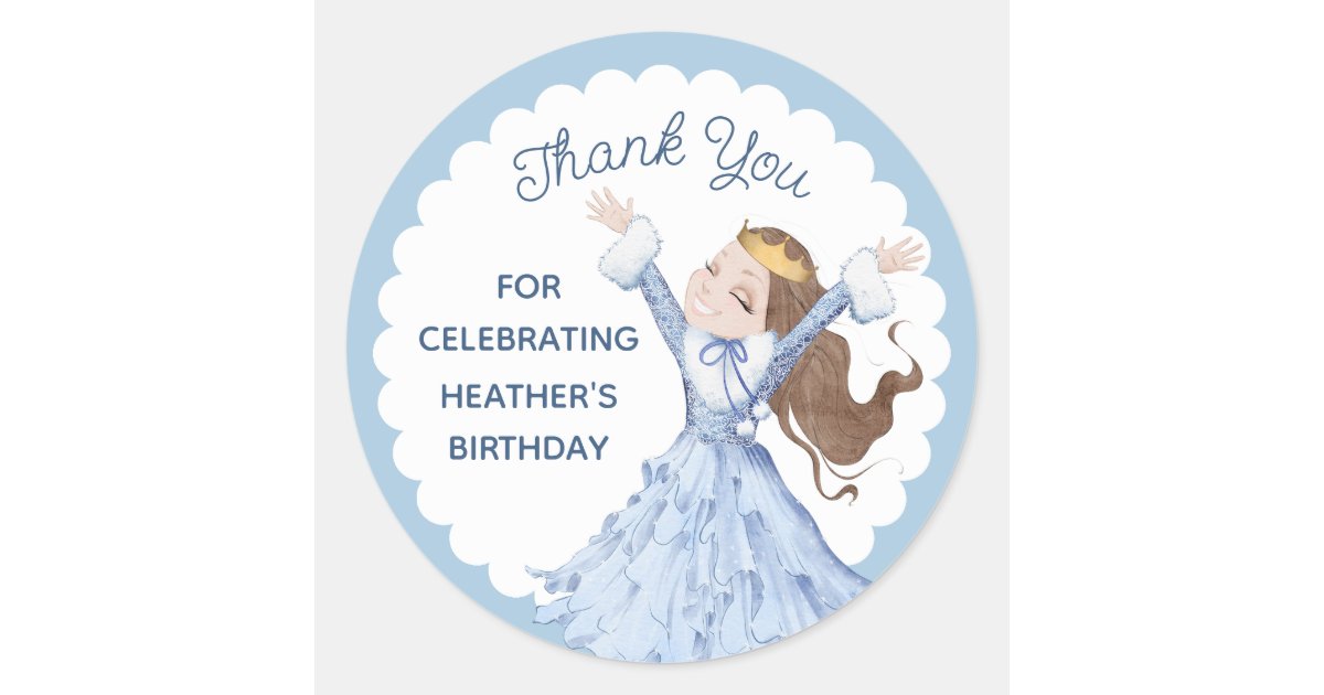 Snowy Winter Princess | Birthday Thank You Classic Round Sticker | Zazzle