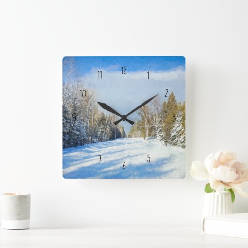 Snowy Winter Road Scene Square Wall Clock | Zazzle