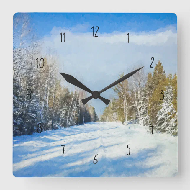 Snowy Winter Road Scene Square Wall Clock | Zazzle