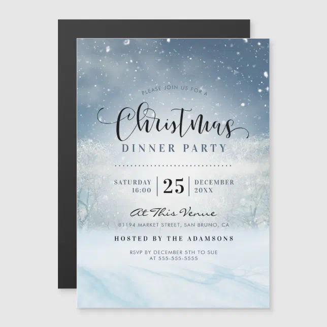 Snowy Winter Wonderland Christmas Dinner Party Magnetic Invitation | Zazzle