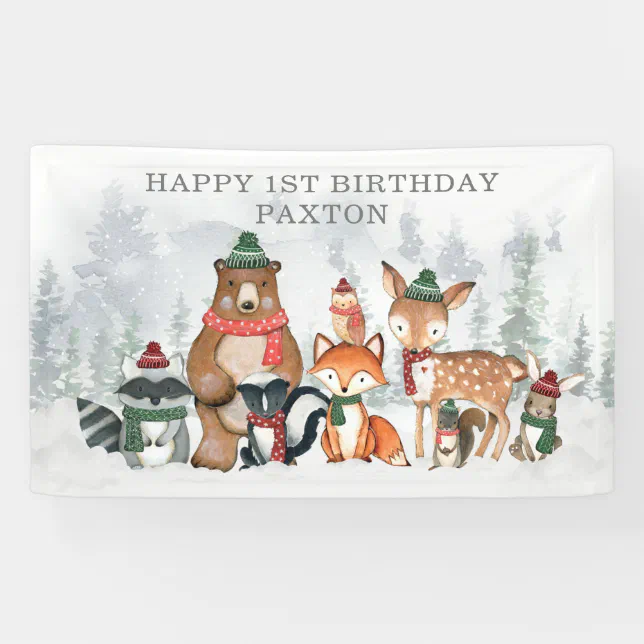 Snowy Winter Woodland Animals Happy Birthday Banner | Zazzle