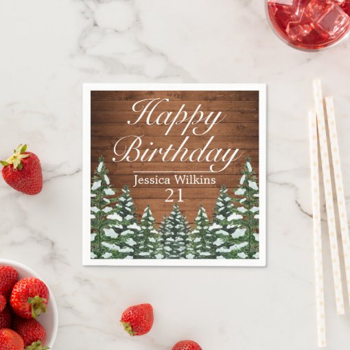 Snowy Wood & Forest Country Pine Happy Birthday Napkins | Zazzle
