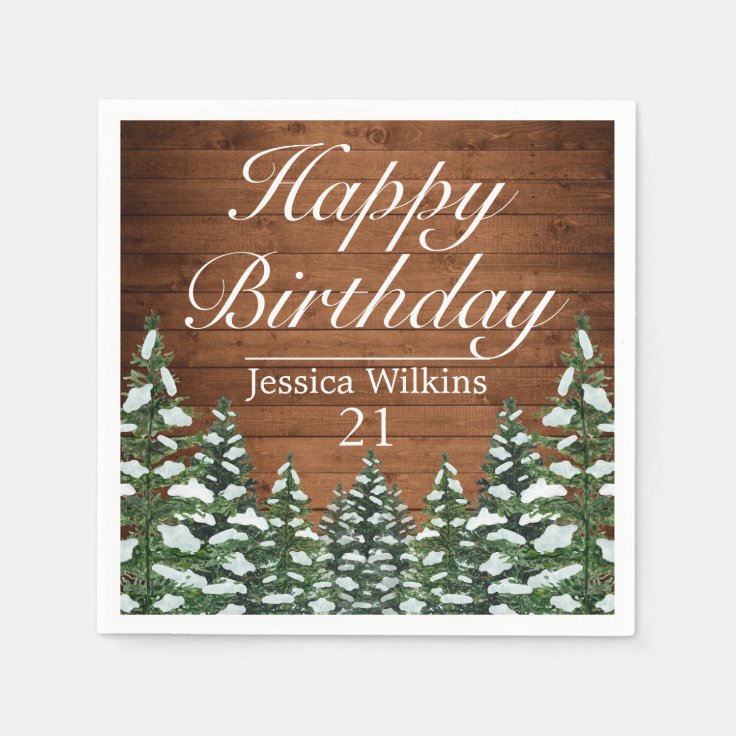 Snowy Wood & Forest Country Pine Happy Birthday Napkins | Zazzle