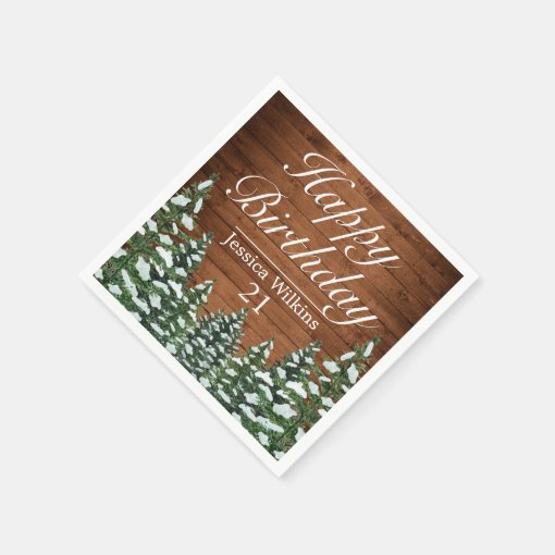 Snowy Wood & Forest Country Pine Happy Birthday Napkins | Zazzle