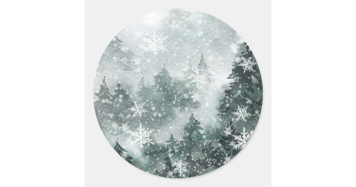 Snowy Woodland Mountain Forest Classic Round Sticker | Zazzle