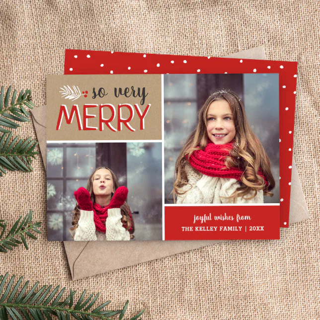 So Very Merry 2 Photo Collage Flat Holiday Card | Zazzle