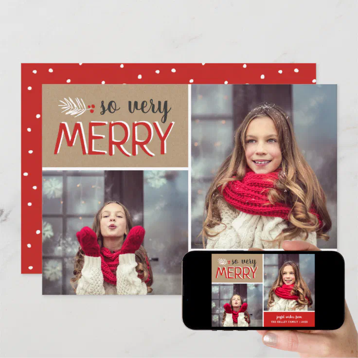So Very Merry 2 Photo Collage Flat Holiday Card | Zazzle