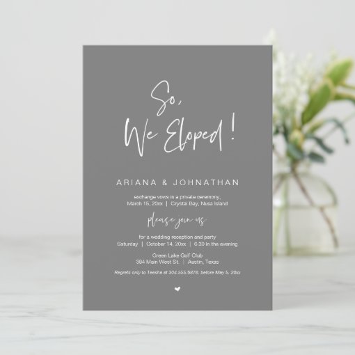 So, We Eloped, Wedding Elopement, in Dark Grey Invitation | Zazzle