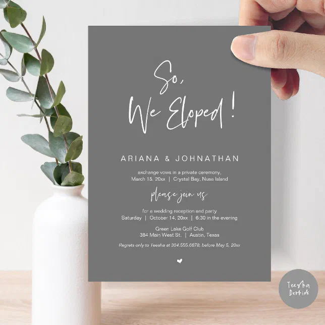 So, We Eloped, Wedding Elopement, in Dark Grey Invitation | Zazzle
