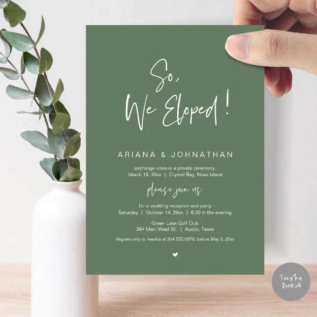 So, We Eloped, Wedding Elopement, in Sage Green Invitation | Zazzle