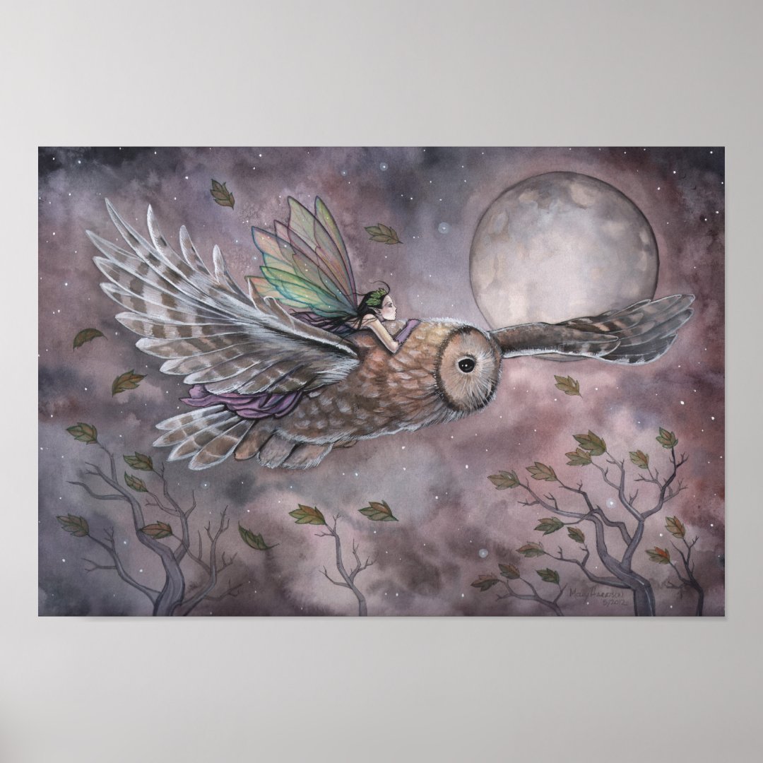 Soaring Fairy and Owl Fantasy Art Poster | Zazzle
