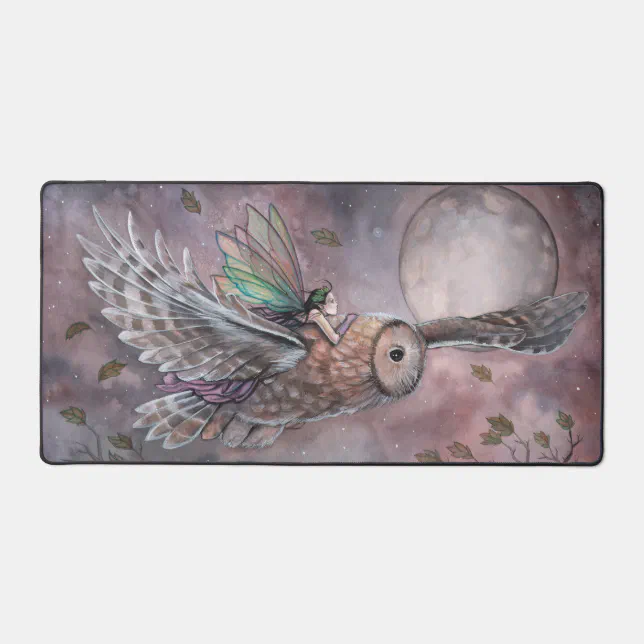 Soaring Owl and Fairy by Moonlight Fantasy Art Desk Mat | Zazzle