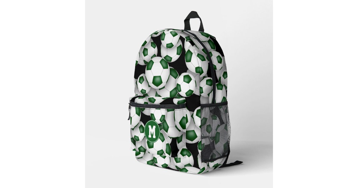 soccer athlete monogram green white team colors printed backpack | Zazzle