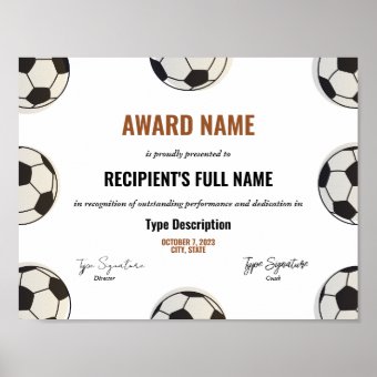 Soccer award certificate, best player recognition poster | Zazzle