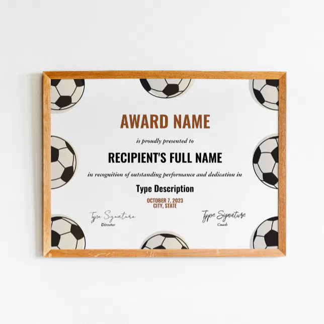 Soccer award certificate, best player recognition poster | Zazzle