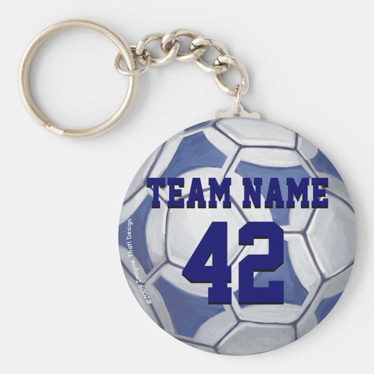 Soccer Ball Blue and White Name and Number Keychain | Zazzle