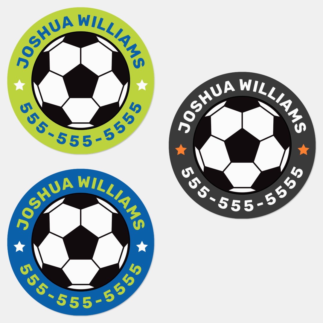 Soccer ball name phone number round property labels | Zazzle