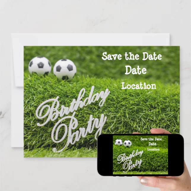 Soccer ball with Birthday Party word on green Save The Date | Zazzle