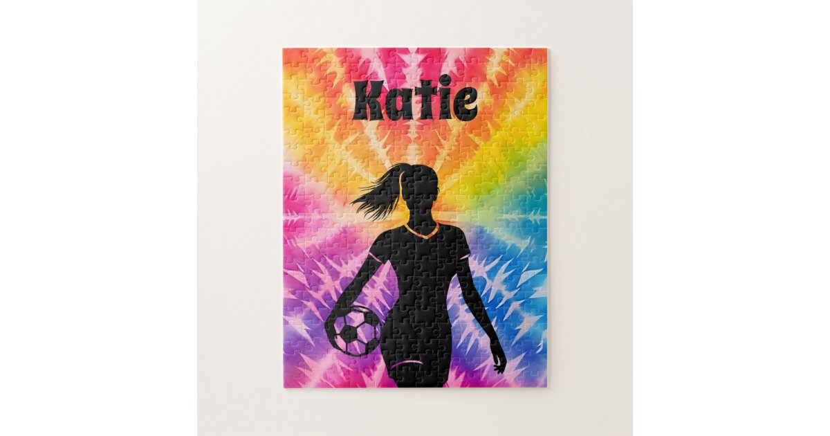 Soccer Girl Personalized Tie-Dye Rainbow Burst Jigsaw Puzzle | Zazzle
