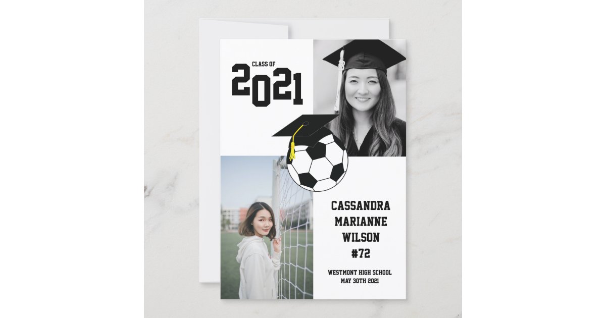 Soccer Graduation Sports Black White Announcement | Zazzle