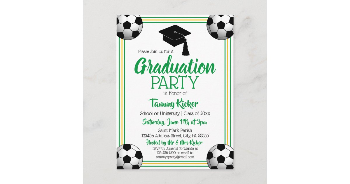 Soccer Green & Gold Graduation Party Invitation Postcard | Zazzle