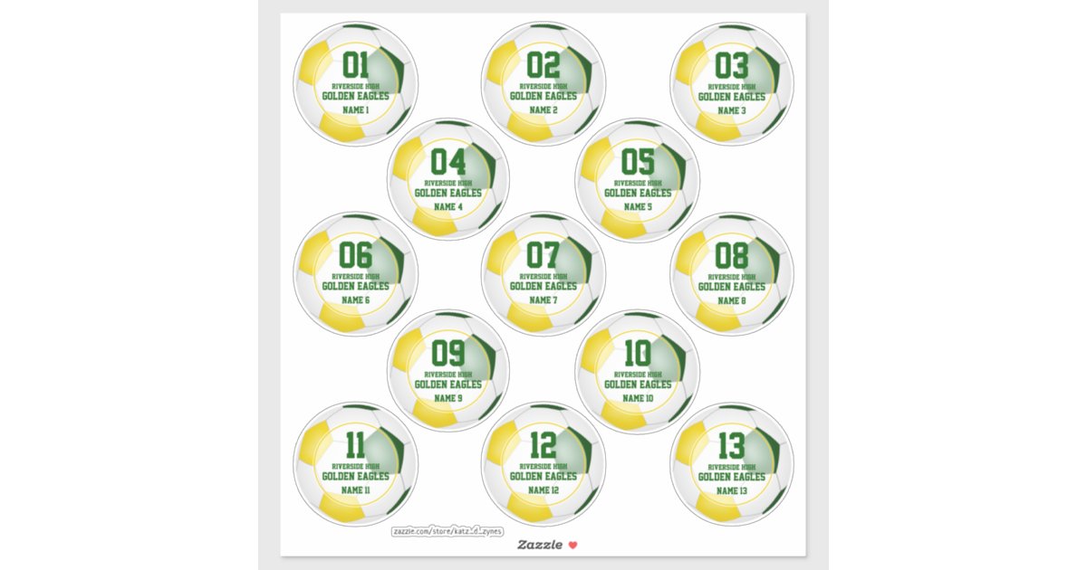 soccer green gold team colors set of 13 custom sticker | Zazzle