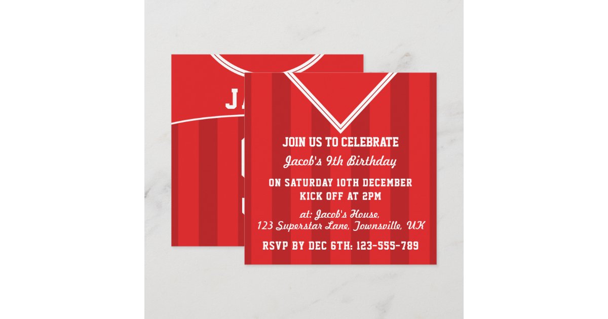Soccer Jersey Themed Party Invites, Football, Red Invitation | Zazzle