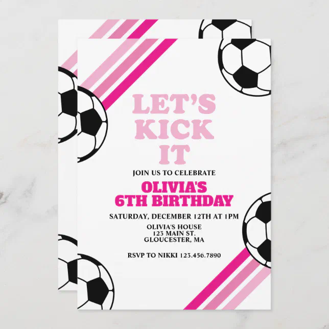 Soccer Let's Kick It Pink Stripe Birthday Invitation | Zazzle