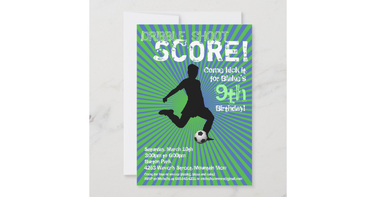 Soccer Party Invitation - Boy, Green and Blue | Zazzle