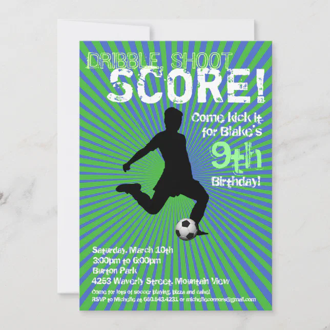 Soccer Party Invitation - Boy, Green and Blue | Zazzle