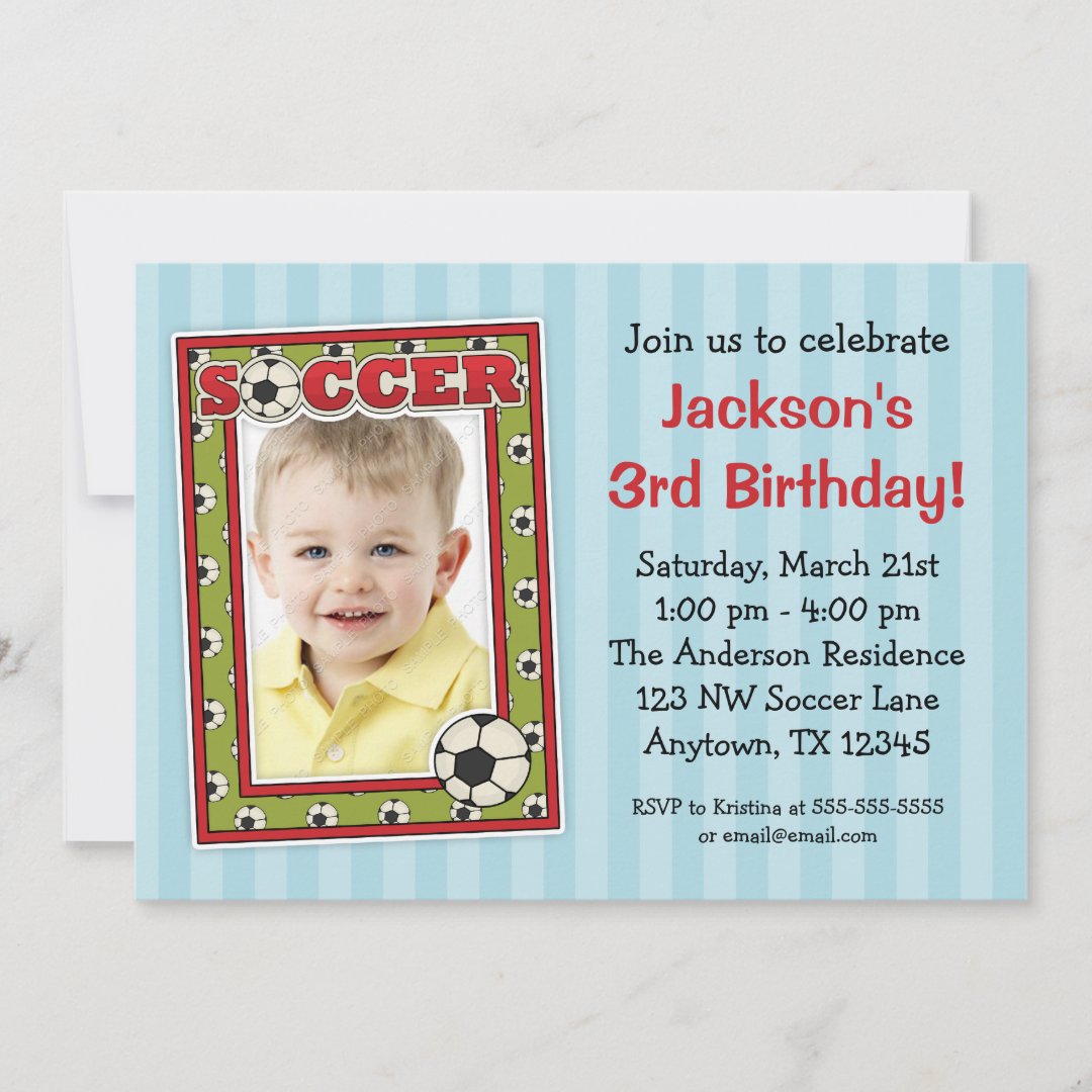 Soccer Photo Birthday Party Blue Invitations | Zazzle