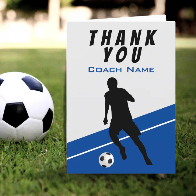 Soccer Player Football Blue Thank you Coach Card | Zazzle