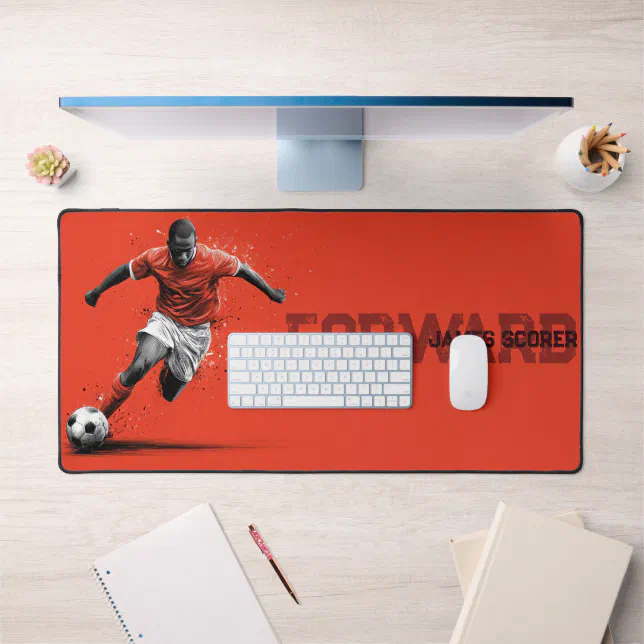 Soccer Player on Red Background Desk Mat | Zazzle