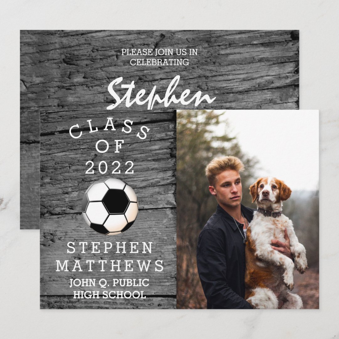 Soccer Player Rustic Photo Graduation Invitation | Zazzle