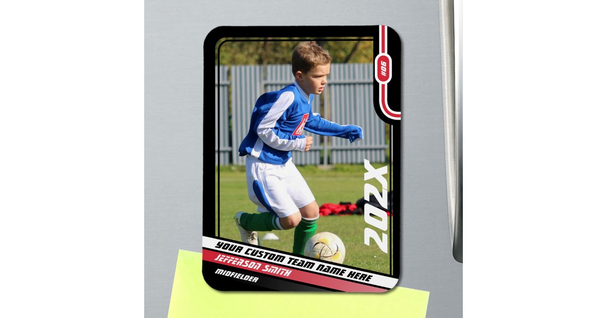 Soccer Player Trading Card in Black Red Magnet | Zazzle