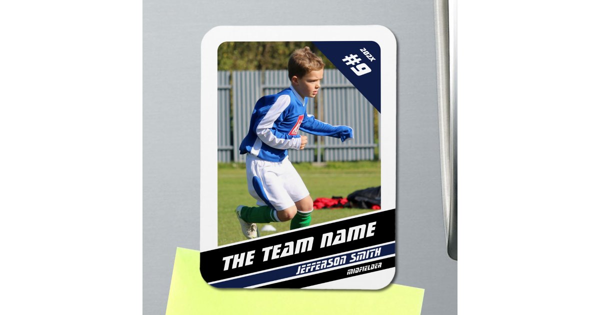 Soccer Player Trading Card in Vigorous Blue White Magnet | Zazzle