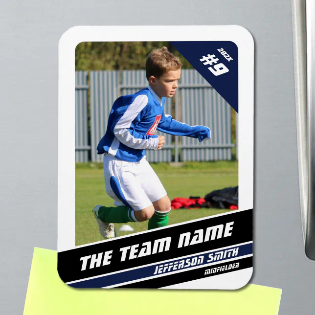 Soccer Player Trading Card in Vigorous Blue White Magnet | Zazzle