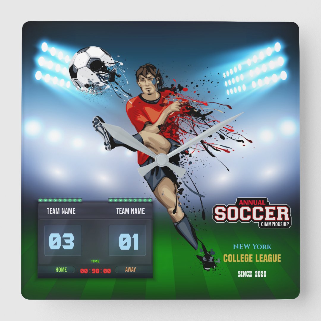 Soccer player with electronic sports scoreboard square wall clock | Zazzle
