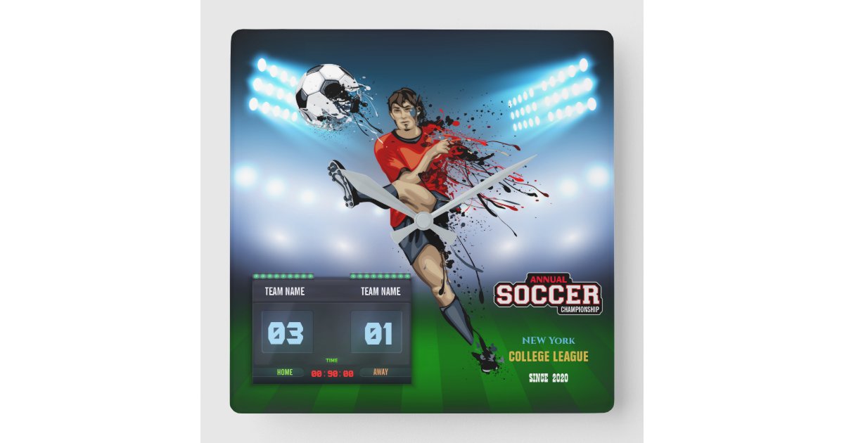 Soccer player with electronic sports scoreboard square wall clock | Zazzle