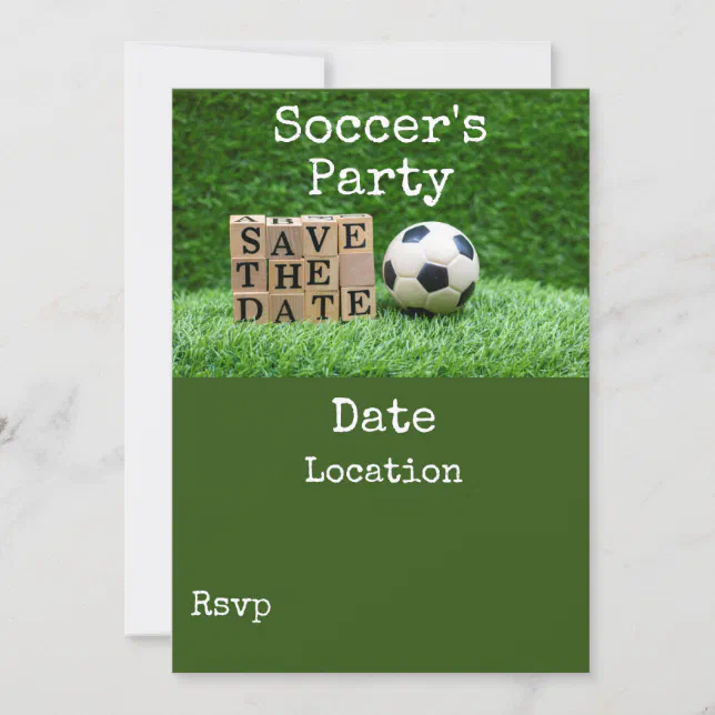 Soccer Save the Date with ball on green for Party Invitation | Zazzle