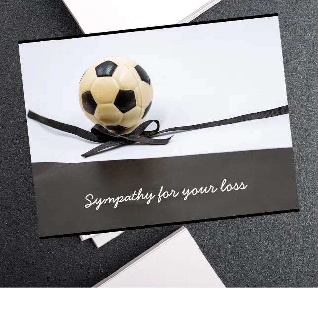 Soccer sympathy condolences ball black ribbon postcard | Zazzle