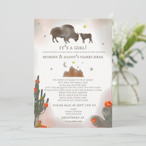 Social Distance Girl Baby Shower By Mail Buffalo Invitation | Zazzle