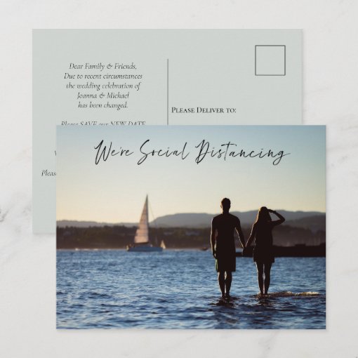 Social Distancing Boat Sea Wedding Change of Date Postcard | Zazzle