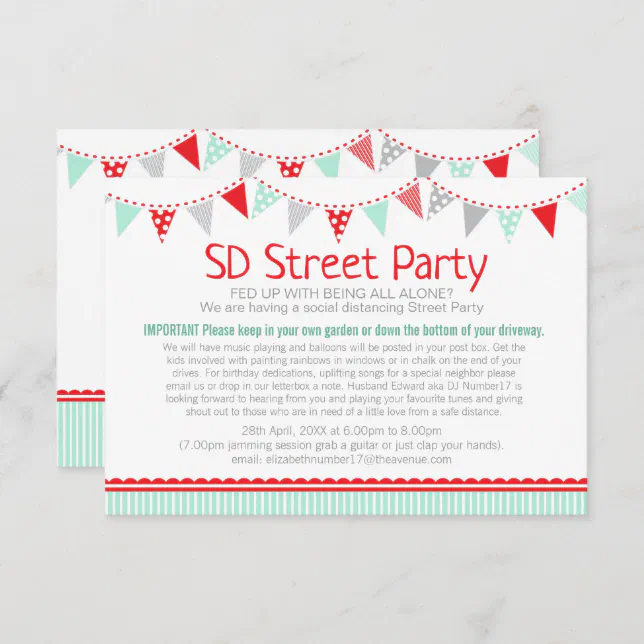 Social distancing street party bunting red green invitation | Zazzle