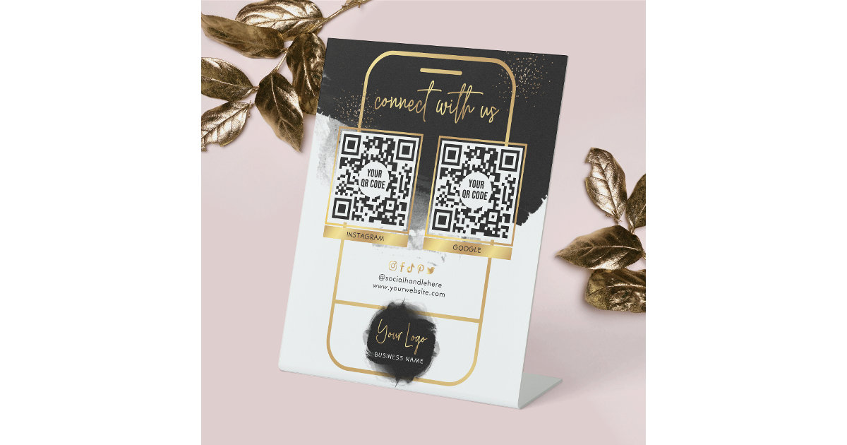 Social Media 2 QR Code Leave a Review Black & Gold Pedestal Sign | Zazzle