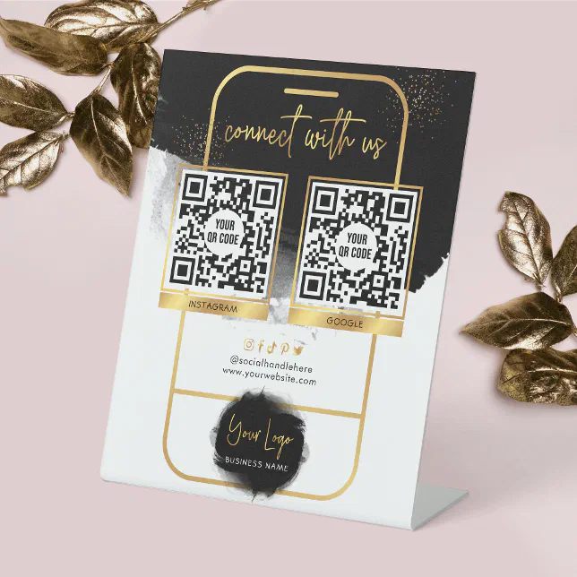 Social Media 2 QR Code Leave a Review Black & Gold Pedestal Sign | Zazzle