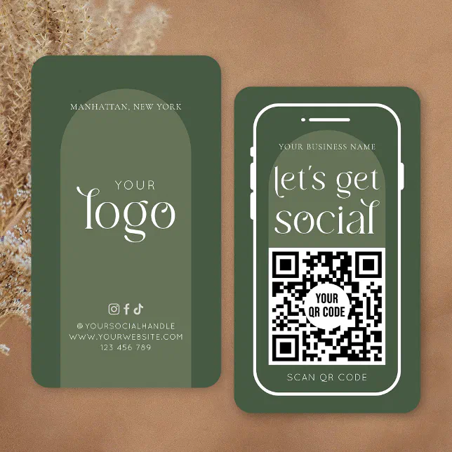 Social Media QR Code Boho Sage Green Modern Logo Business Card | Zazzle